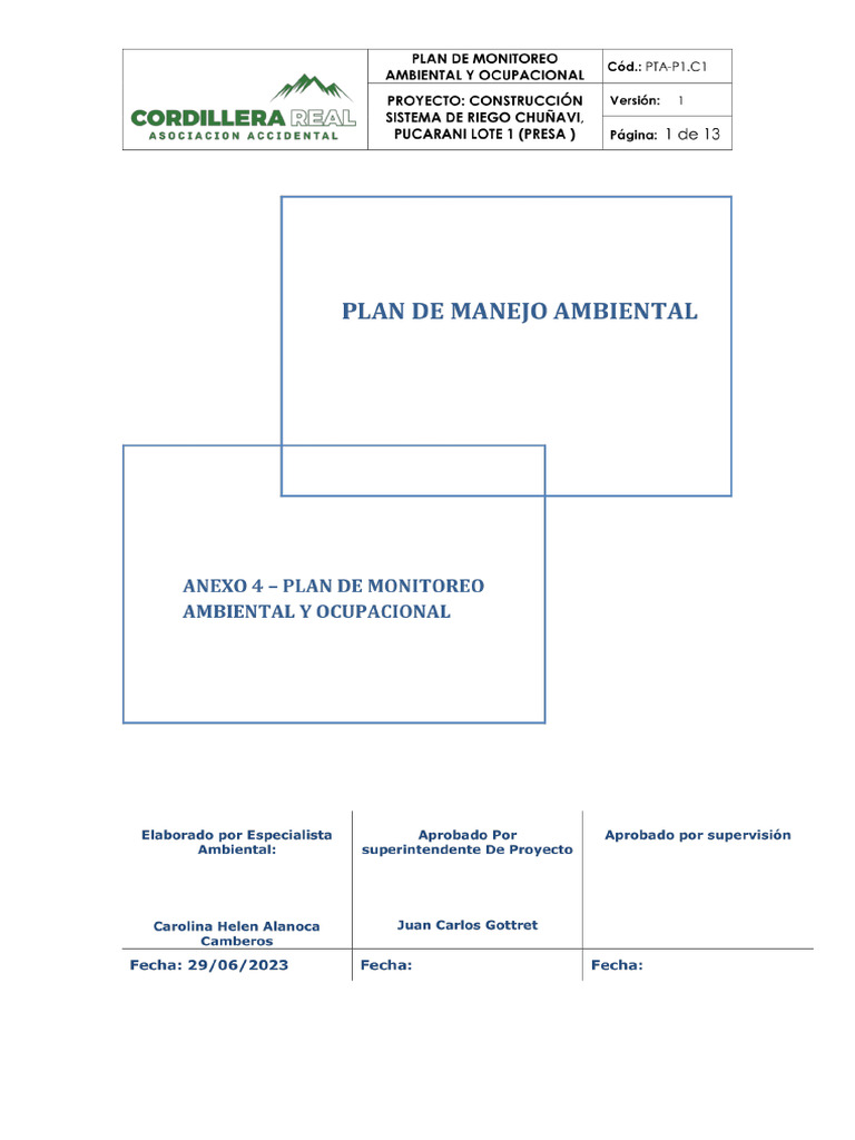 PTA. A4 Plan de Monitoreo Ambiental y Ocupacional | PDF