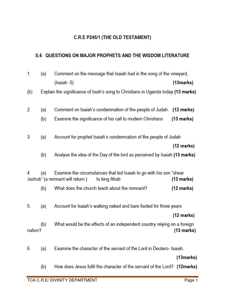 DIVINITY Paper 1 S.6 QUESTIONS ON MAJOR PROPHETS AND THE WISDOM ...