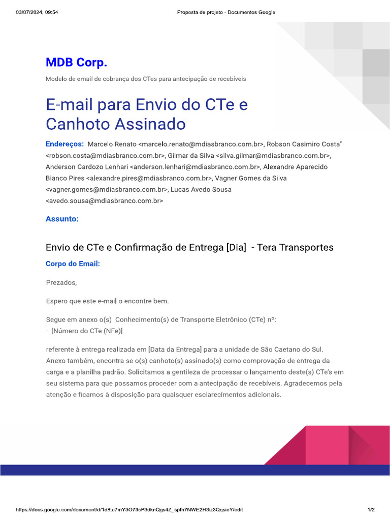 Modelo de E-Mail para Envio Do CTe e Canhoto Assinado | PDF