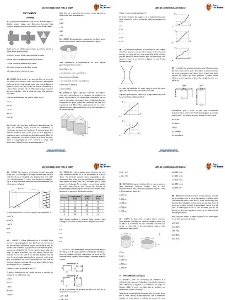 Cilindros Lista de Exercicios Matematica ENEM | PDF | Chuva | Embalagem e rotulagem