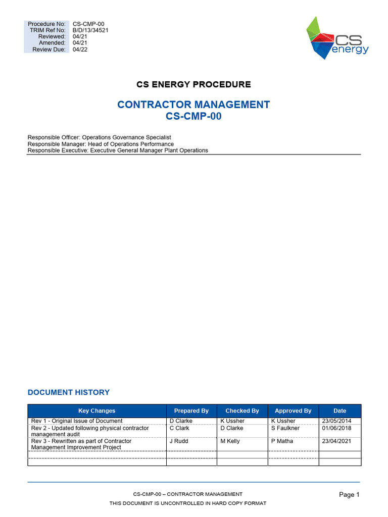 Contractor Management Procedure Guide | PDF | Risk | Procurement