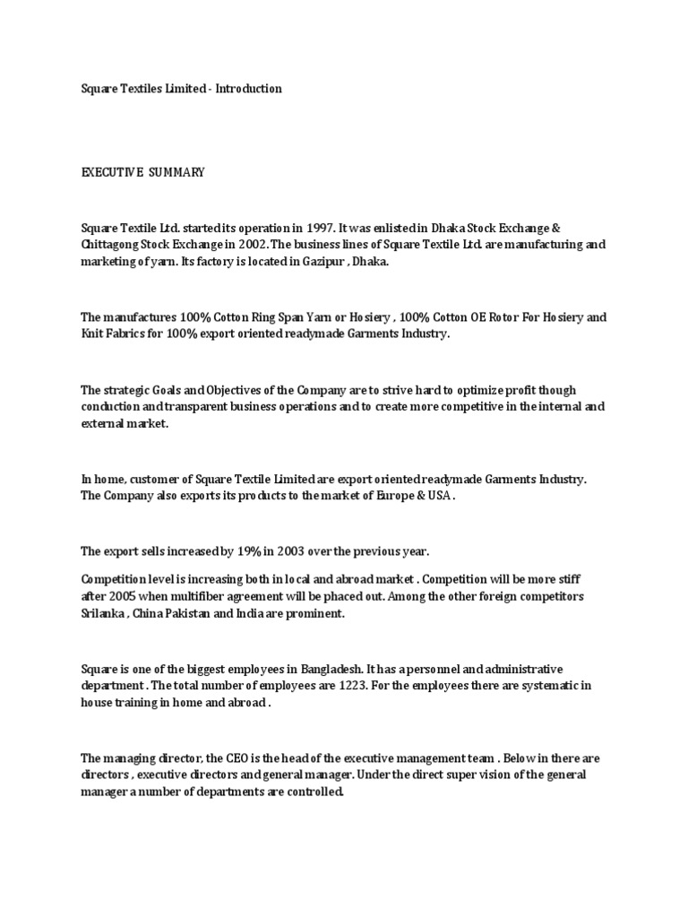 Overview of Square Textiles Limited | PDF | Performance Appraisal ...