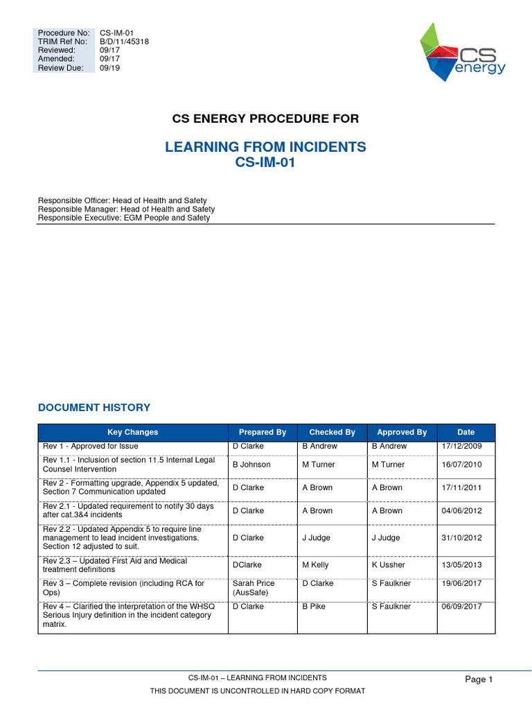 CS-IM-01 - Learning From Incidents - 09 17 - CS Energy Registered | PDF ...