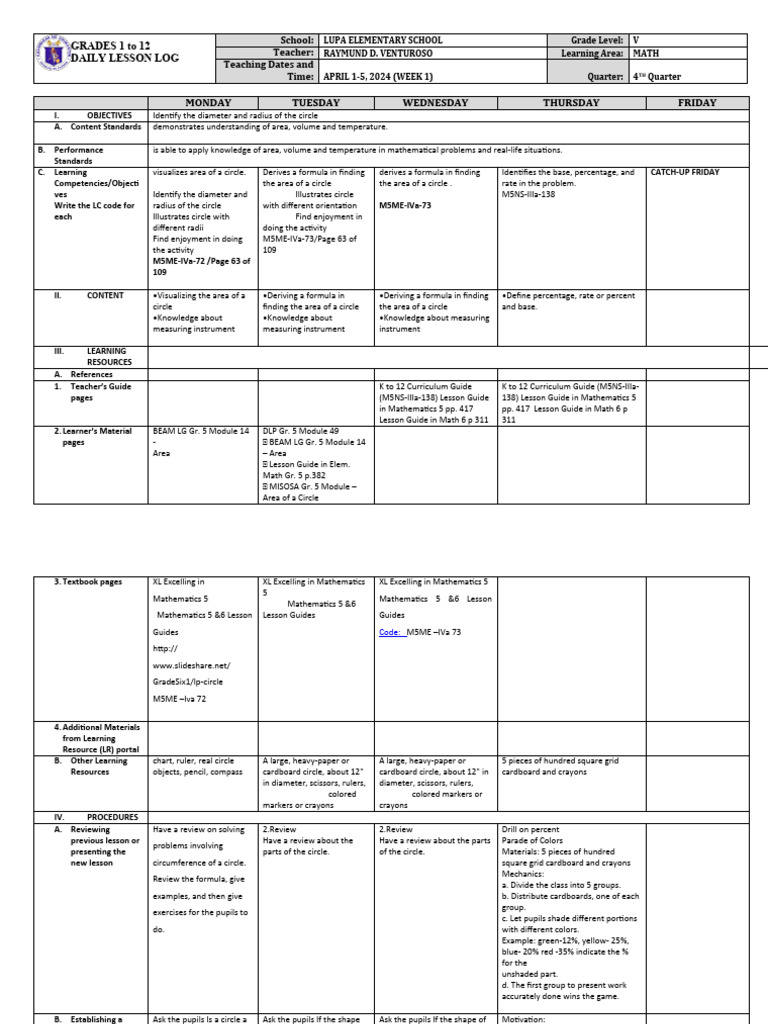 Grade 5 DLL Math 5 q4 Week 1 | PDF | Circle | Area