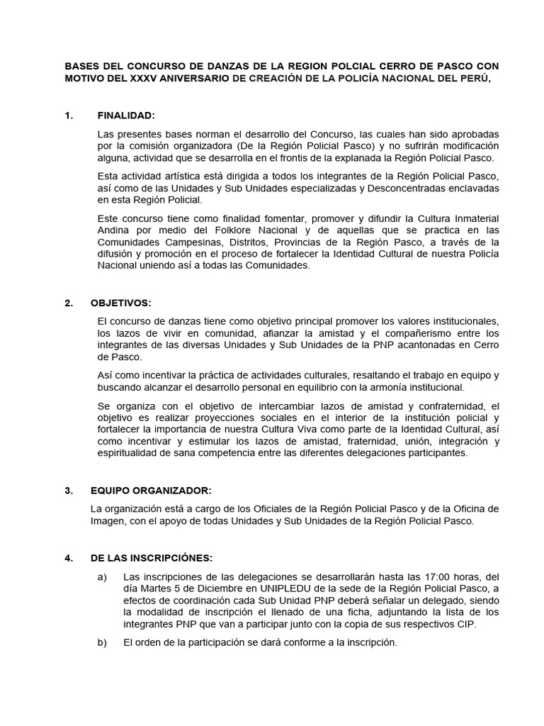 Concurso de Danzas PNP Cerro de Pasco | PDF | Bailes