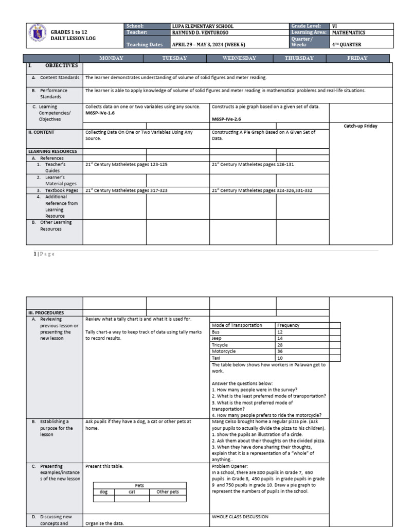 DLL Mathematics 6 q4 w5 | PDF | Pet | Learning