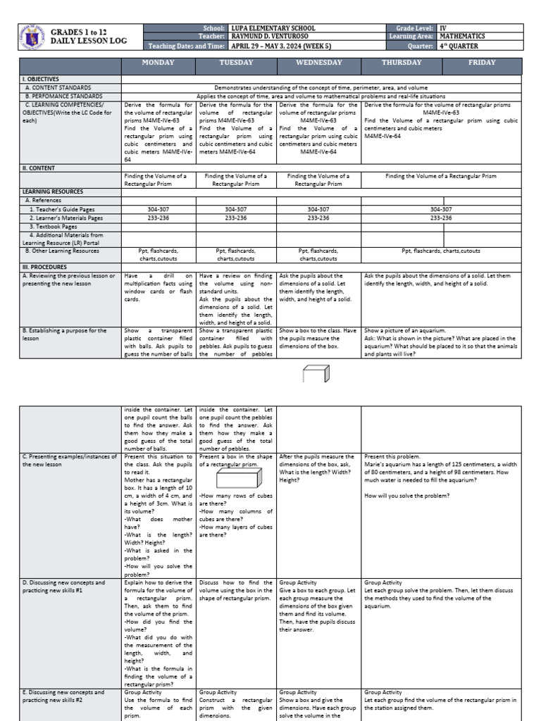 DLL - Mathematics 4 - Q4 - W5 | PDF | Volume | Length