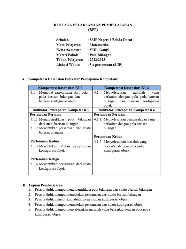 RPP Pola Bilangan PJBL | PDF
