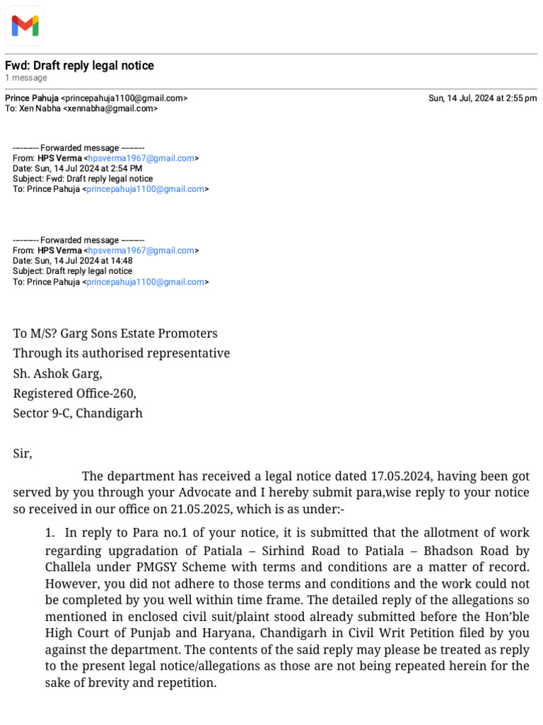 Gmail - FWD - Draft Reply Legal Notice | PDF | Justice | Crime & Violence