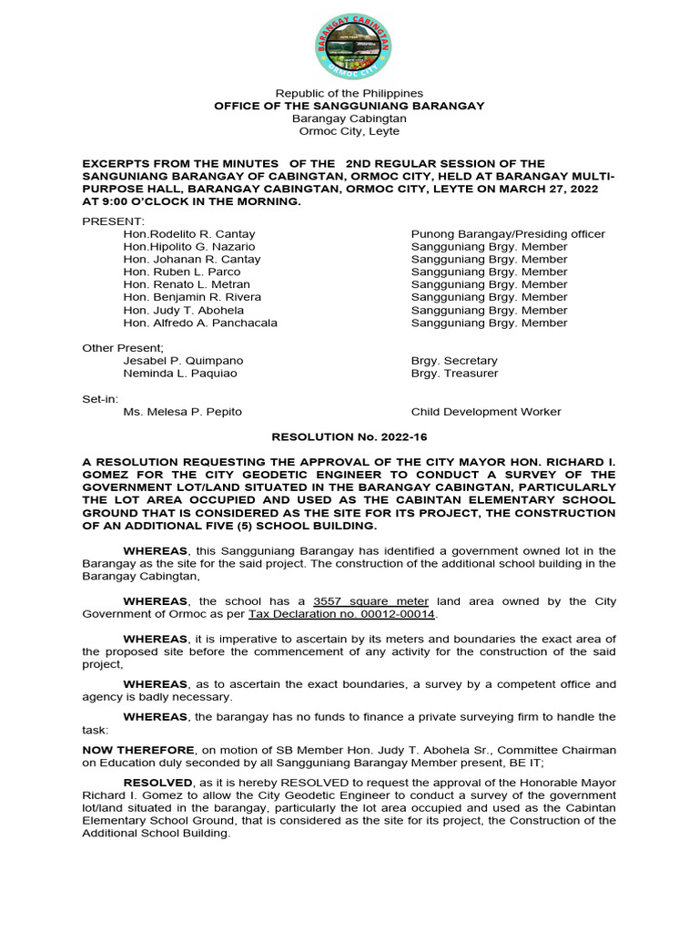 Resolution No. 16 - 17 Resolution Requesting For School Building | PDF ...