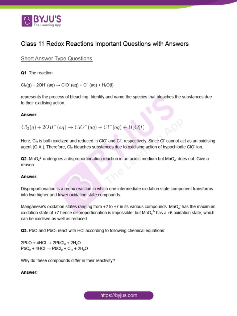 Class 11 Chemistry Chapter 8 Redox Reactions Important Questions With ...