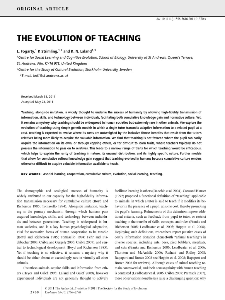 The Evolution of Teaching | PDF | Learning | Fitness (Biology)
