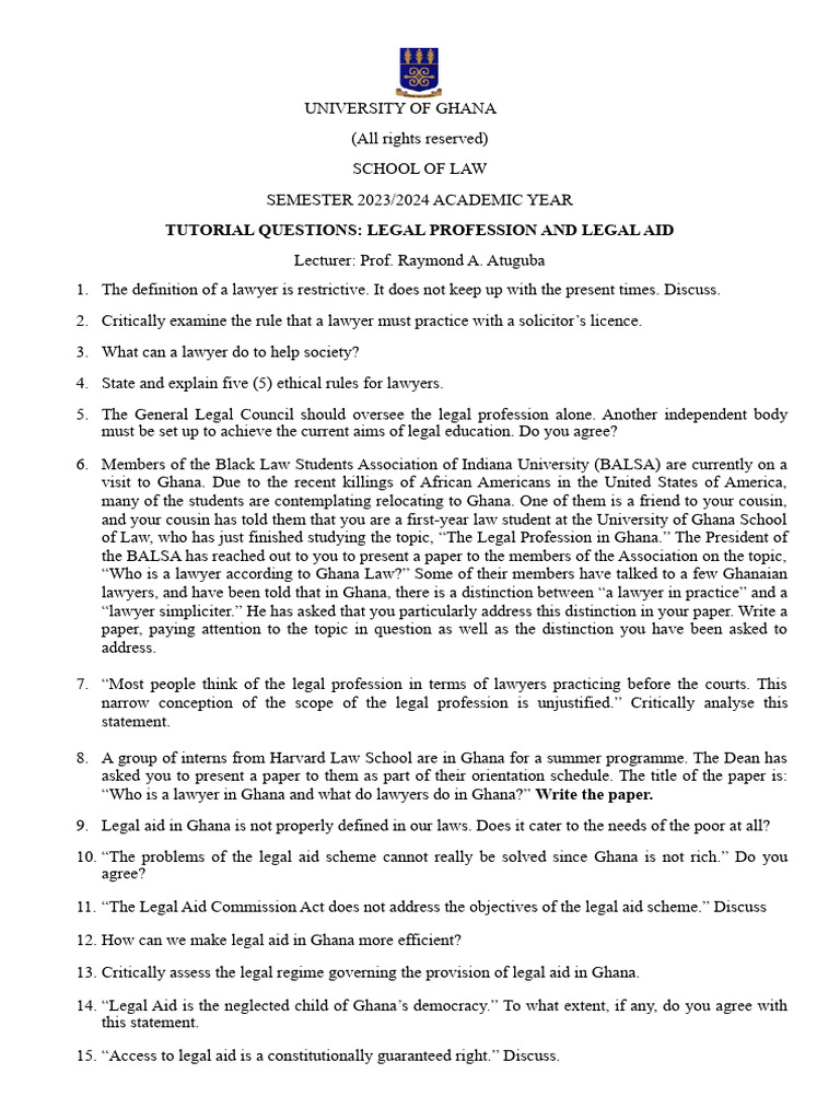 Tutorial Questions-Legal Profession and Legal Aid 2023-2024-FFF | PDF ...
