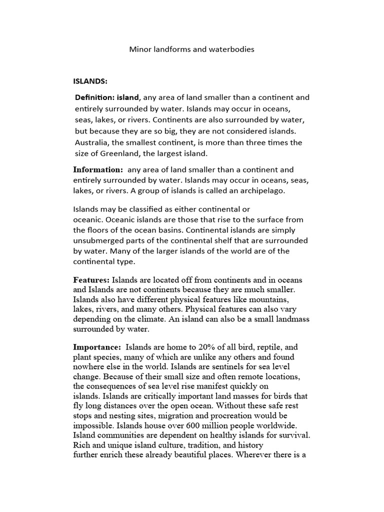 Minor Landforms and Waterbodies | PDF | Lake | Island