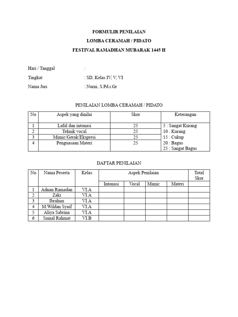 Formulir Penilaian Lomba Ceramah | PDF