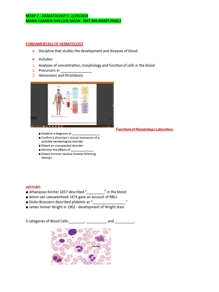 1 STUDENTS - Rev 2-28-24 MTAP 2 INTRO HEMATOLOGY 1 LECTURE NOTES | PDF ...