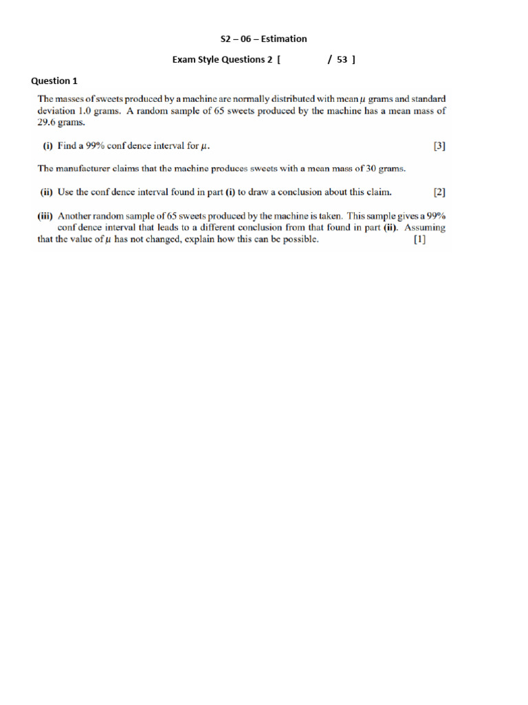 S2 - 06 - Estimation - Exam Style Questions - 2 - Questions | PDF