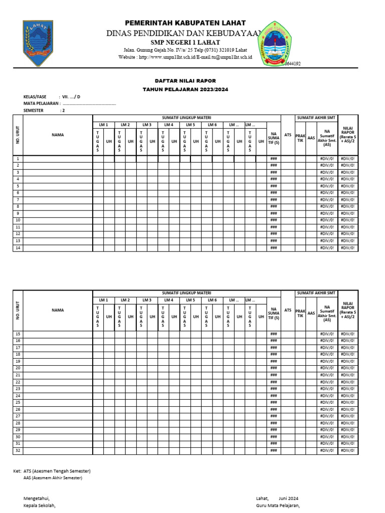 DAFTAR NILAI Mapel........ KELAS VII.... MERDEKA SEM 2 | PDF
