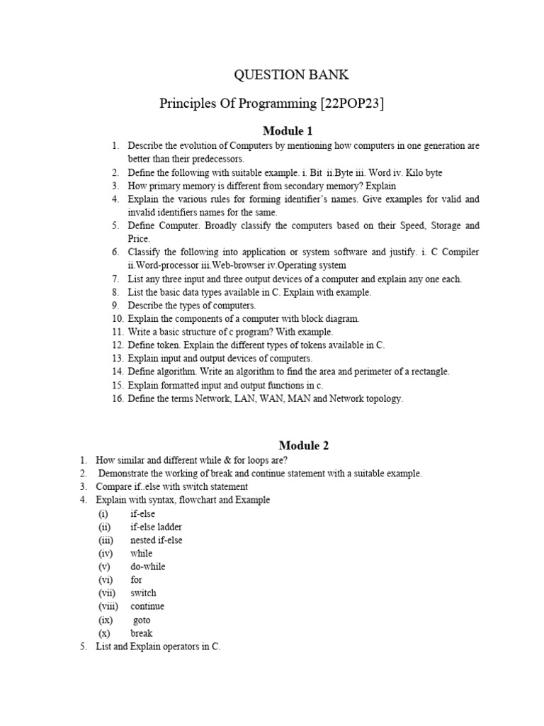 Module Wise Question Bank Pop Pdf Pointer Computer Programming C Programming Language