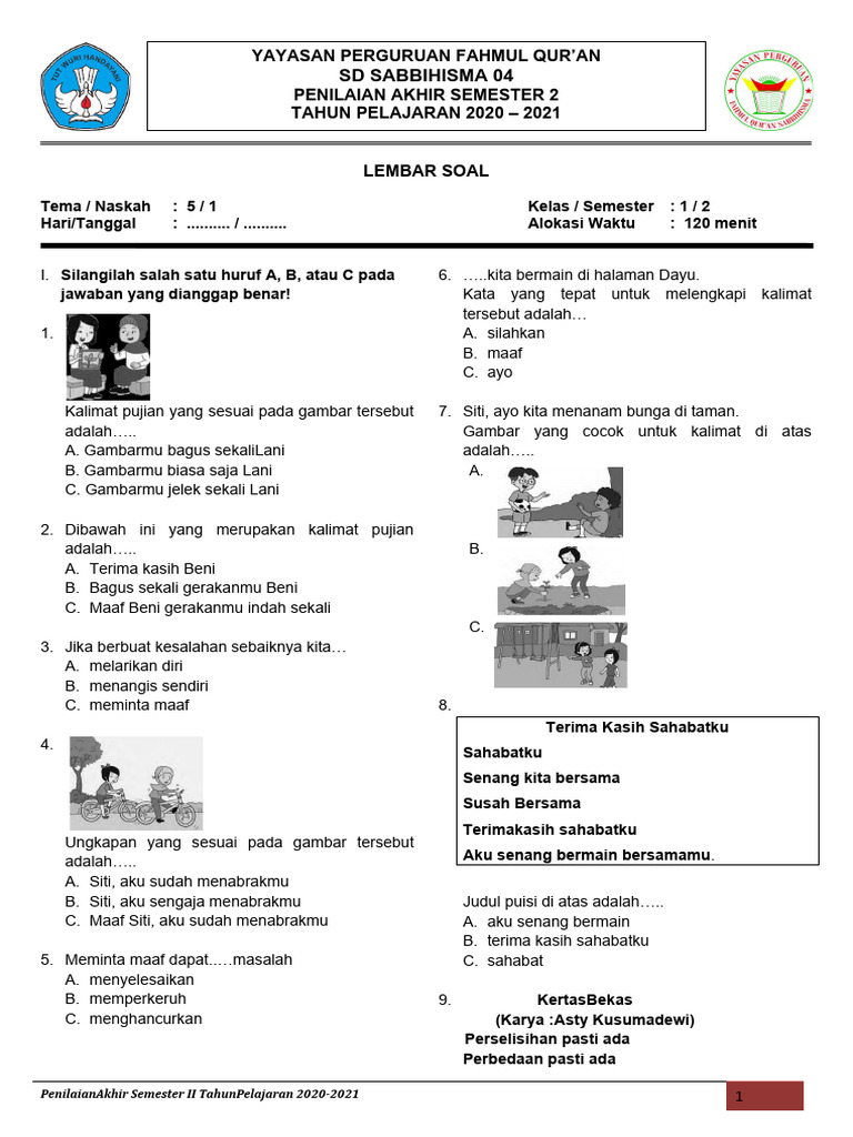 Soal KLS 1 Tema 5 Naskah 1 | PDF
