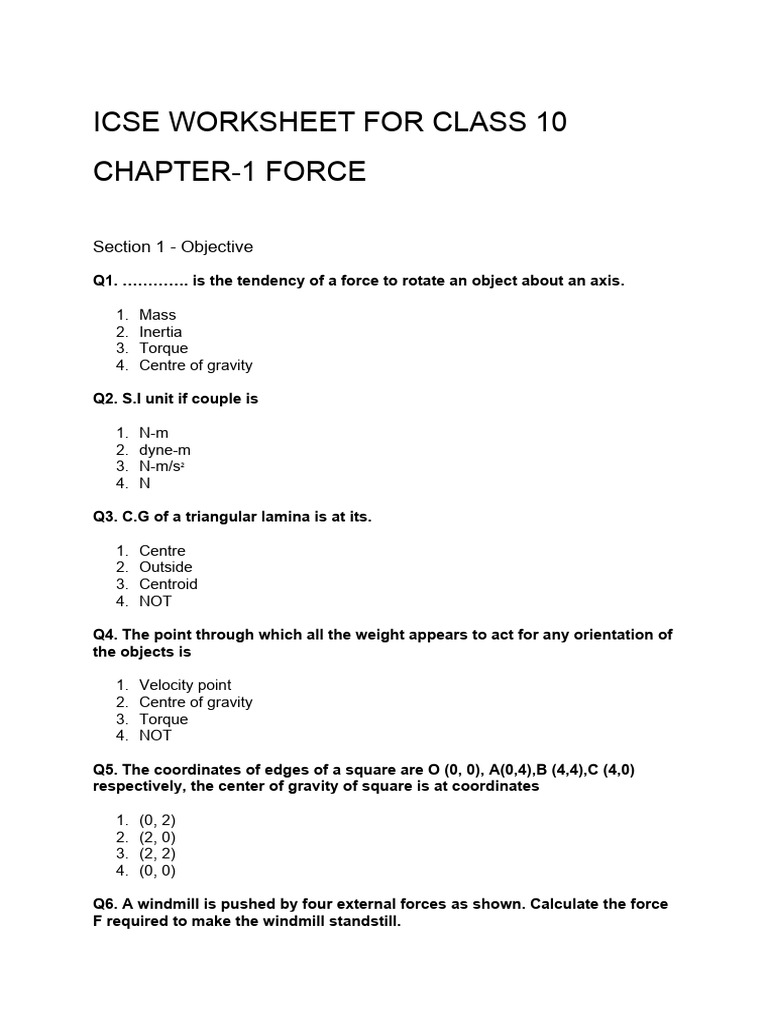 Icse Worksheet For Class 10 Download Free Pdf Force Lever