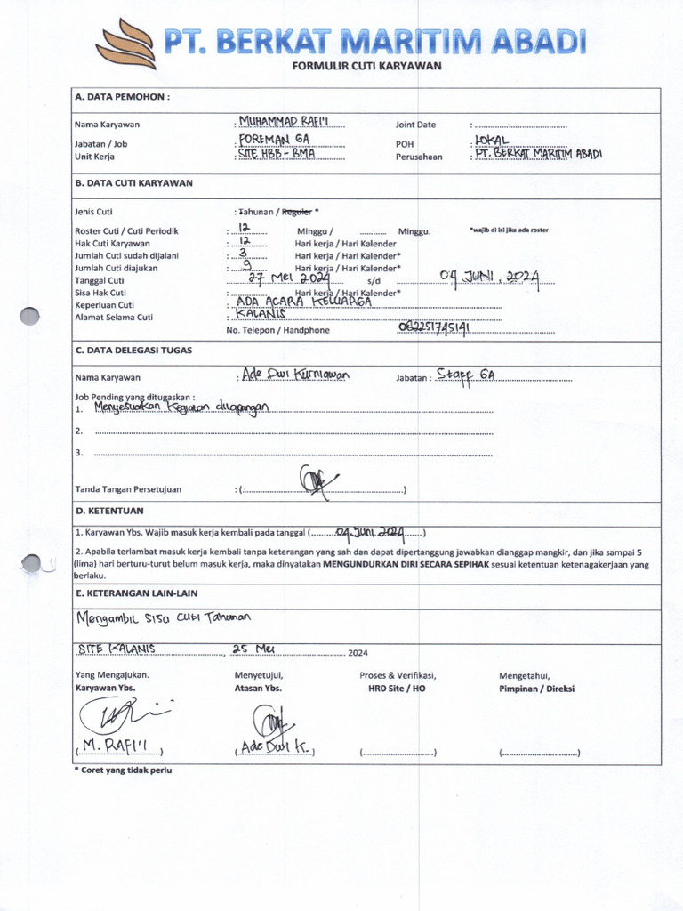 Form Cuti Karyawan (M.rafi'i) | PDF