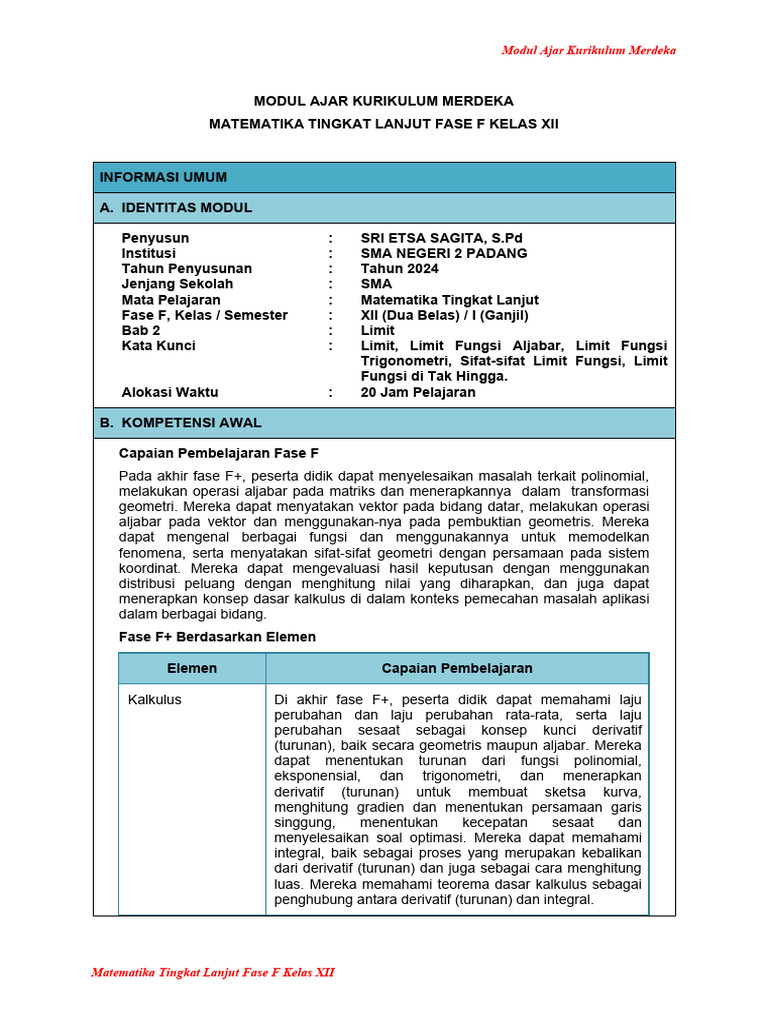 Modul Ajar Bab 2 Limit | PDF