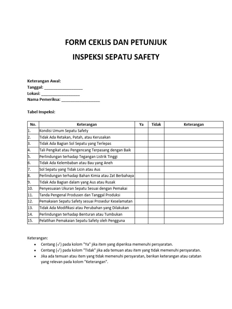 Form Ceklis Inspeksi Sepatu Safety | PDF