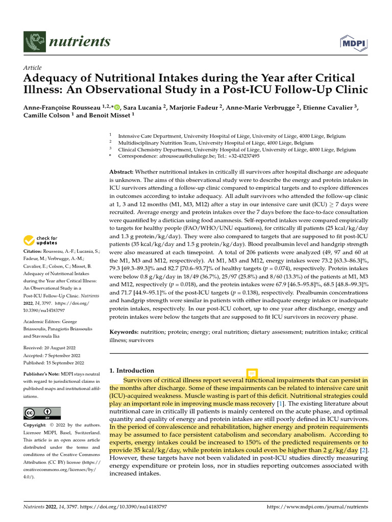 Adequacy of Nutritional Intakes During The Year After Critical Illness ...