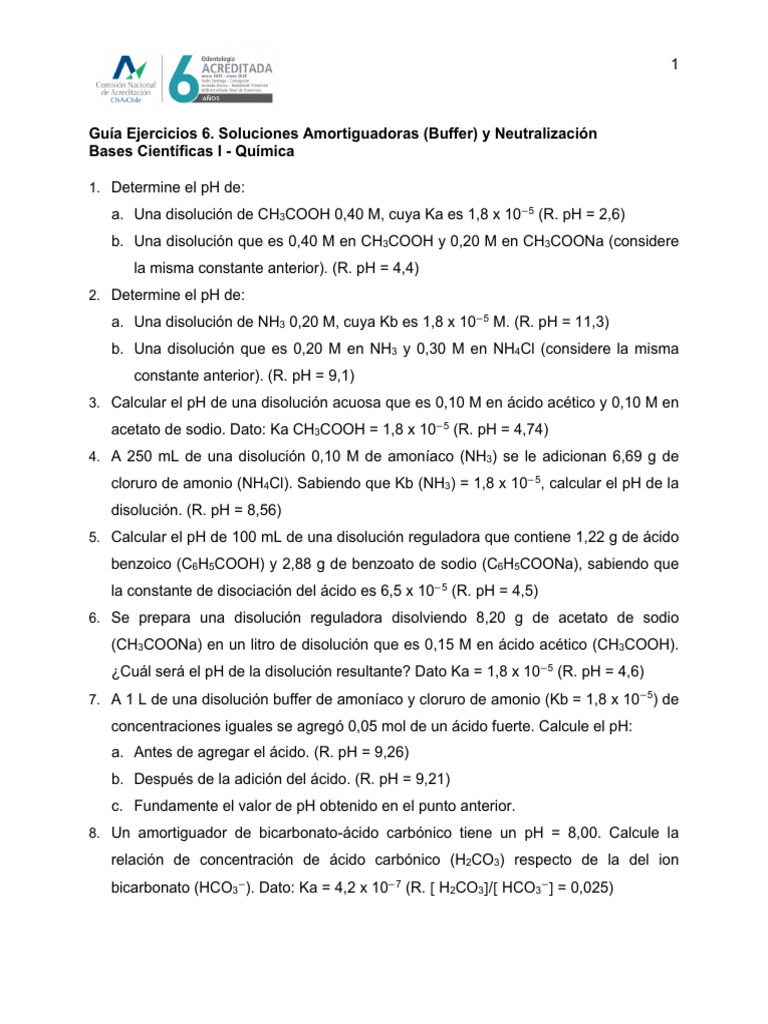 GUÍA EJERCICIOS 6 Soluciones Amortiguadoras. Neutralización y Valoración | PDF | Solución tampón ...