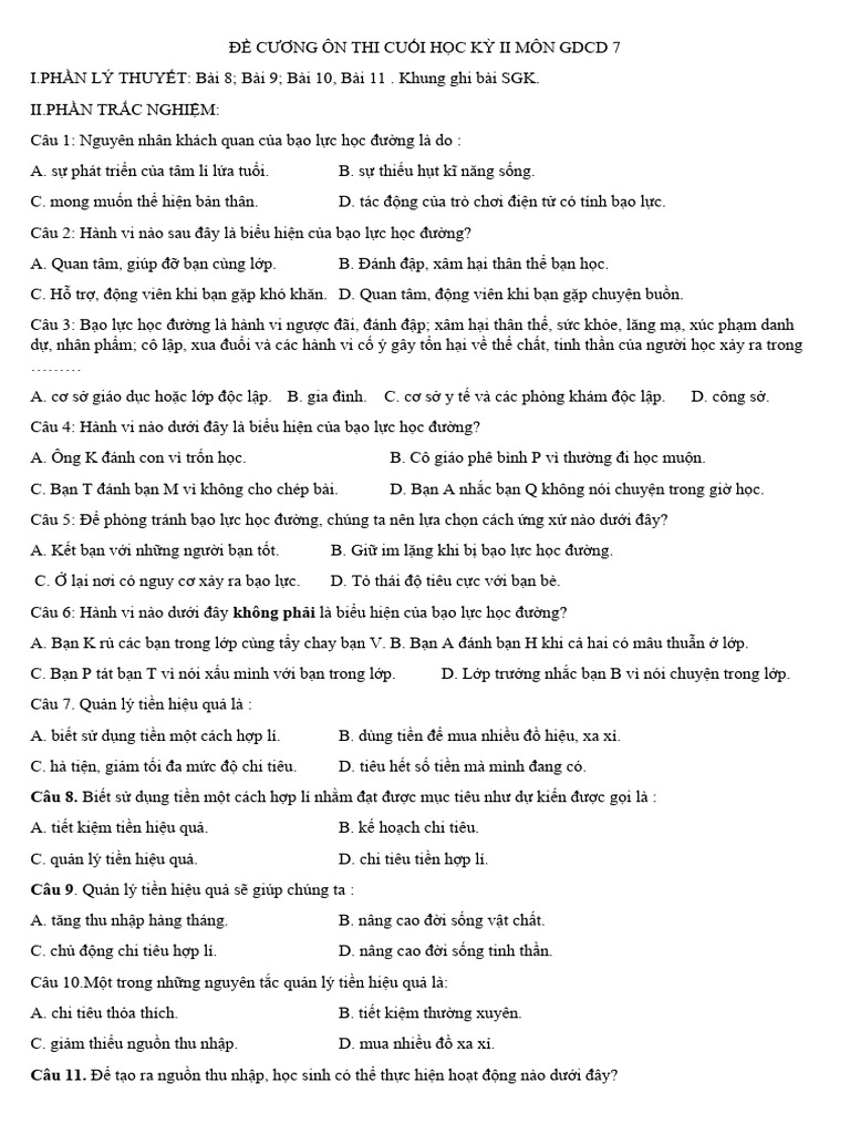 Đề Cương Ôn Thi Cuối Hkii .GDCD 7 | PDF