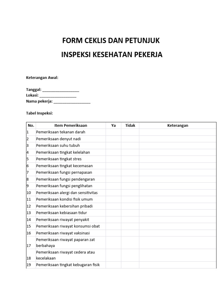 Form Ceklis Inspkesi Kesehatan Pekerja | PDF | Kesehatan Holistik