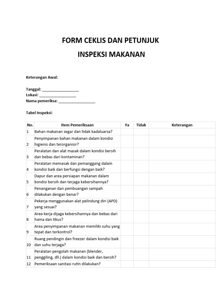 Form Ceklis Inspkesi Makanan | PDF