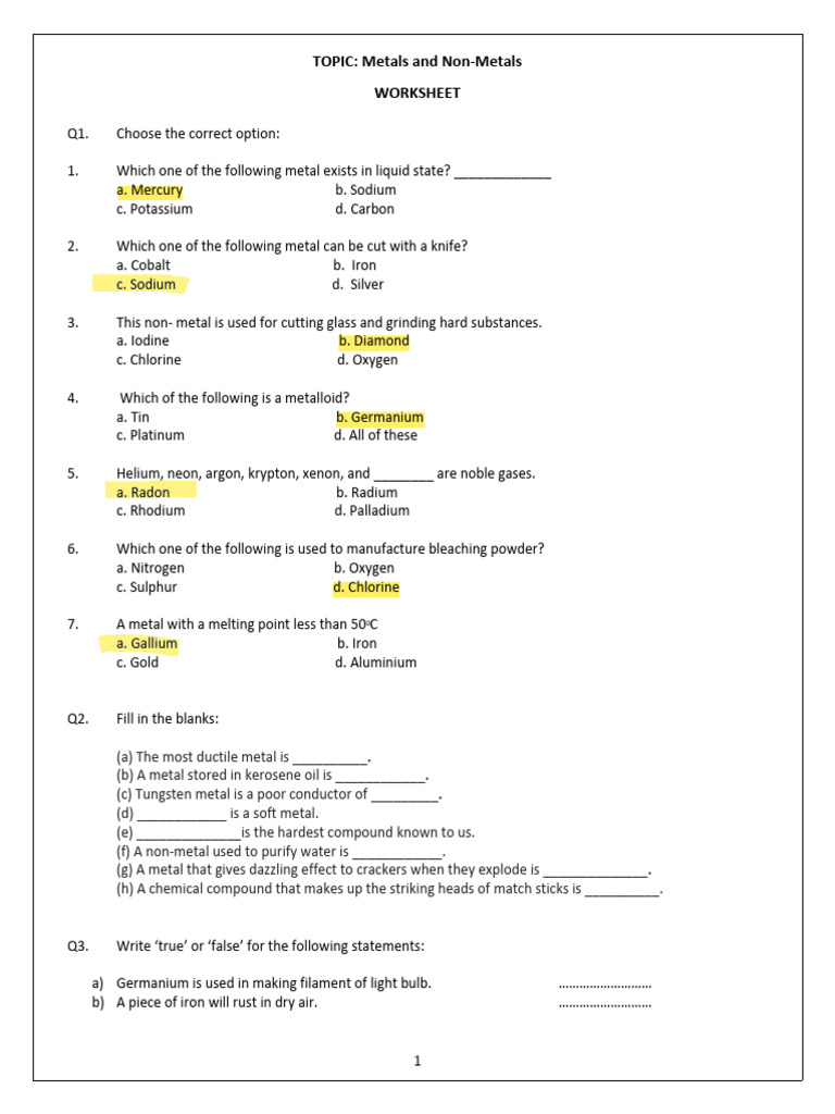 Metals and Non Metals Chem Class 7 Revision Wksheet | PDF | Metals | Alloy