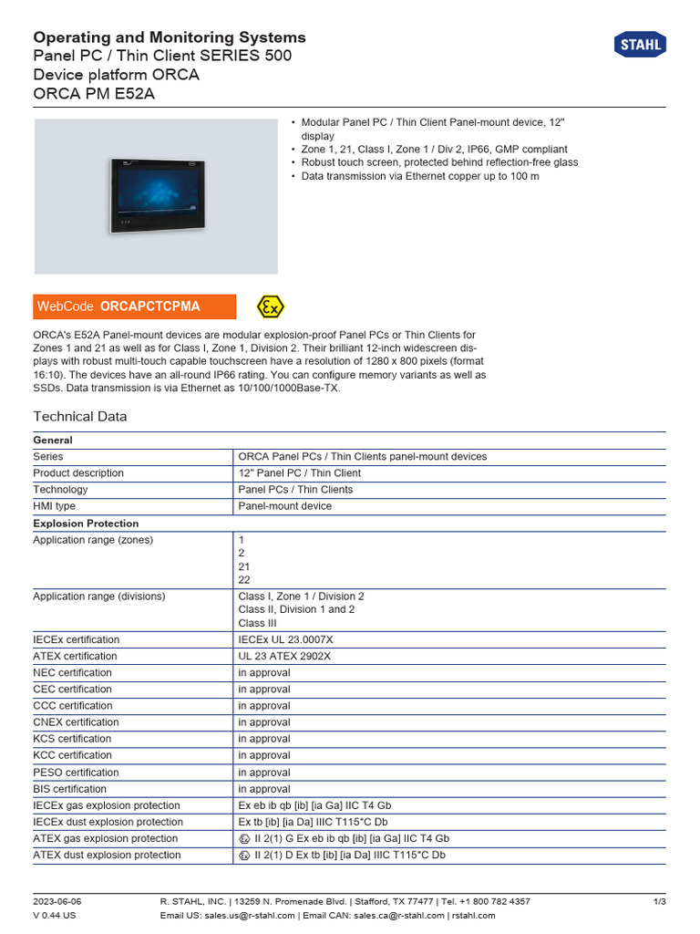 Ex Single Data Sheet Panel PC Thin Client Device Platform Orca Orca PM E52a en Us Rstahl | PDF ...