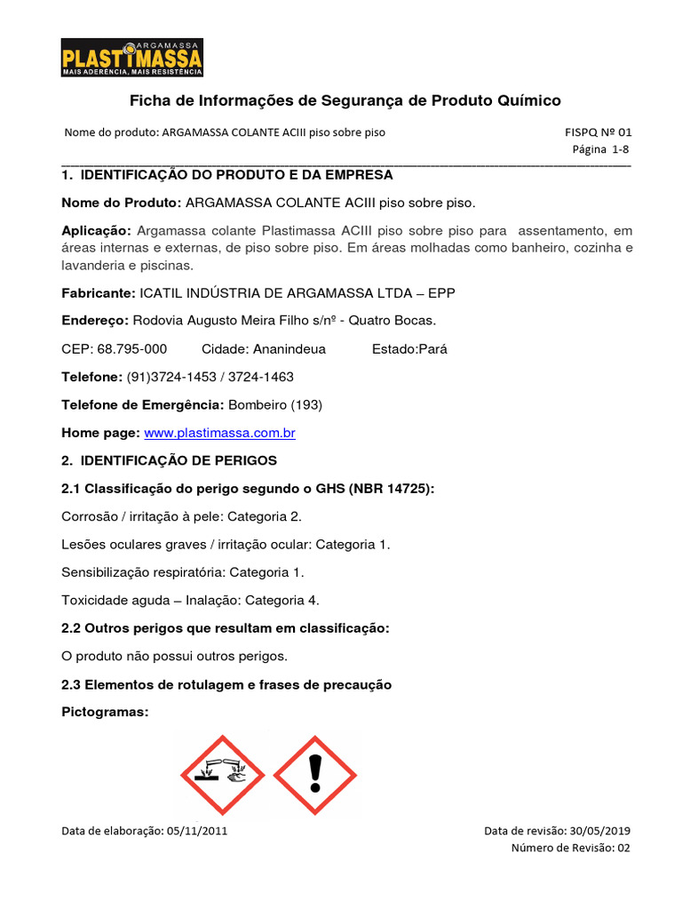 FISPQ-Argamassa-colante-ACIII-piso-sobre-piso (1) | PDF | Embalagem e ...