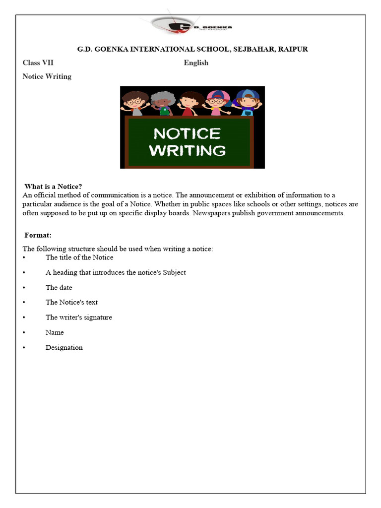 Grade VII- English Notes-Notice Writing | PDF