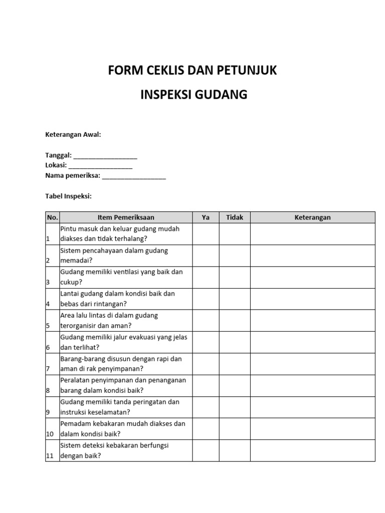 Form Ceklis Inspkesi Gudang | PDF