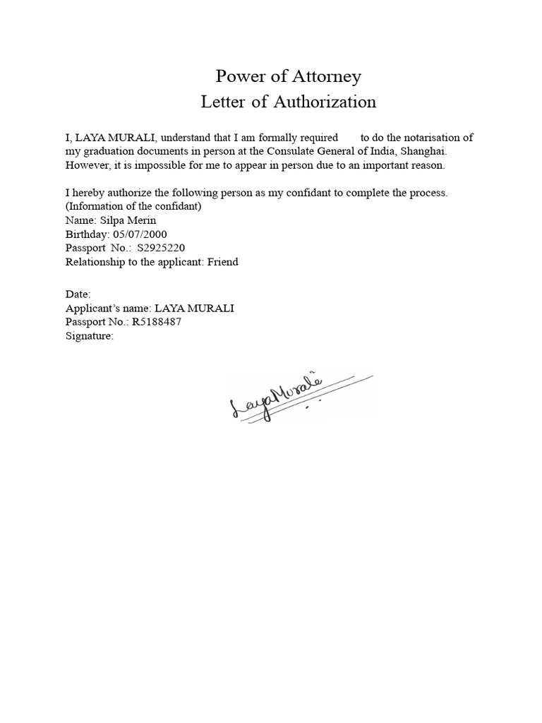 Power of Attorney Authorization Letter | PDF