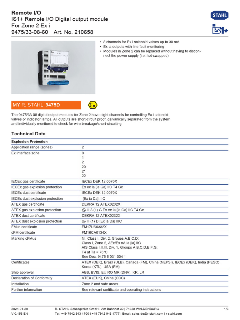 Ex Single Data Sheet Is1 - Remote I o Digital Output Module For Zone 2 ...