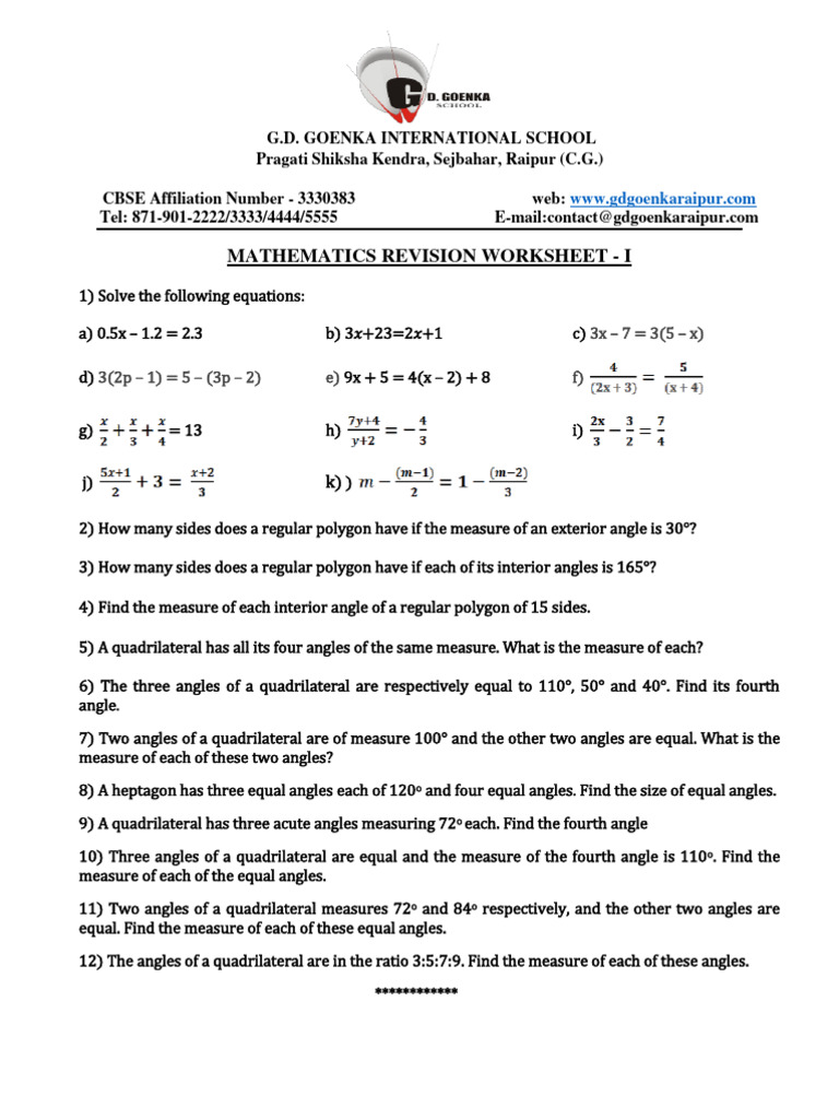 Revision Worksheet 1-Maths Grade Viii | PDF | Teaching Methods & Materials