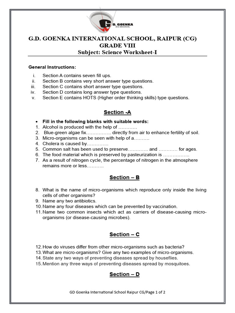 Grade VIII Science Worksheet-I | PDF | Microorganism | Health Sciences