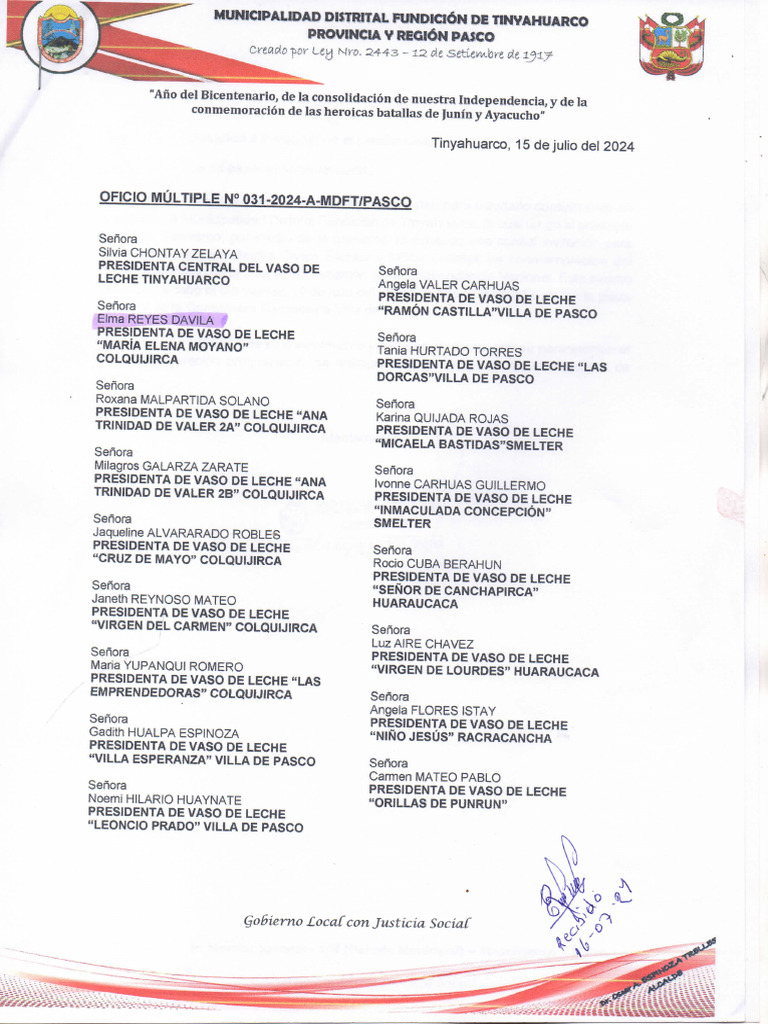 OFICIO MULTIPLE N° 031-2024-A-MDFT-PASCO | PDF