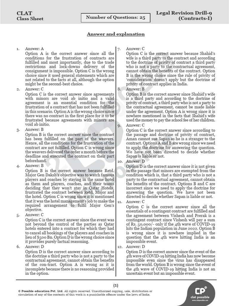 242LARevisionDrill 9 (Contracts I) Ans. | PDF | Private Law | Common Law