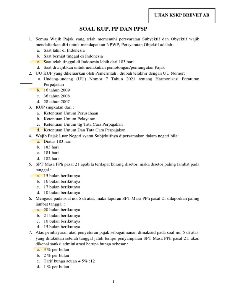 Soal Ujian KSKP Brevet AB: KUP, PPh, dan PPSP | PDF | Pengelolaan Keuangan & Uang