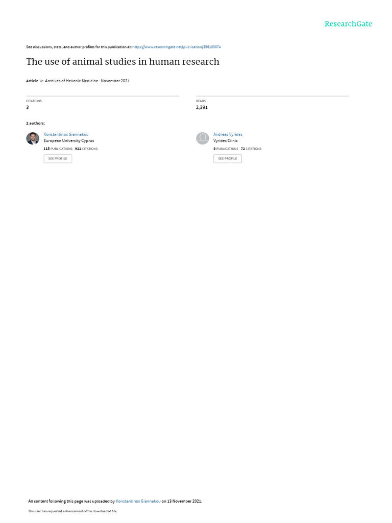 The Use of Animal Studies in Human Research: Archives of Hellenic Medicine November 2021 | PDF ...