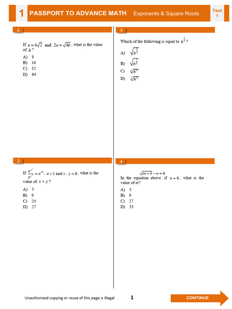 Advanced Math Test: Exponents & Roots | PDF | Exponentiation ...