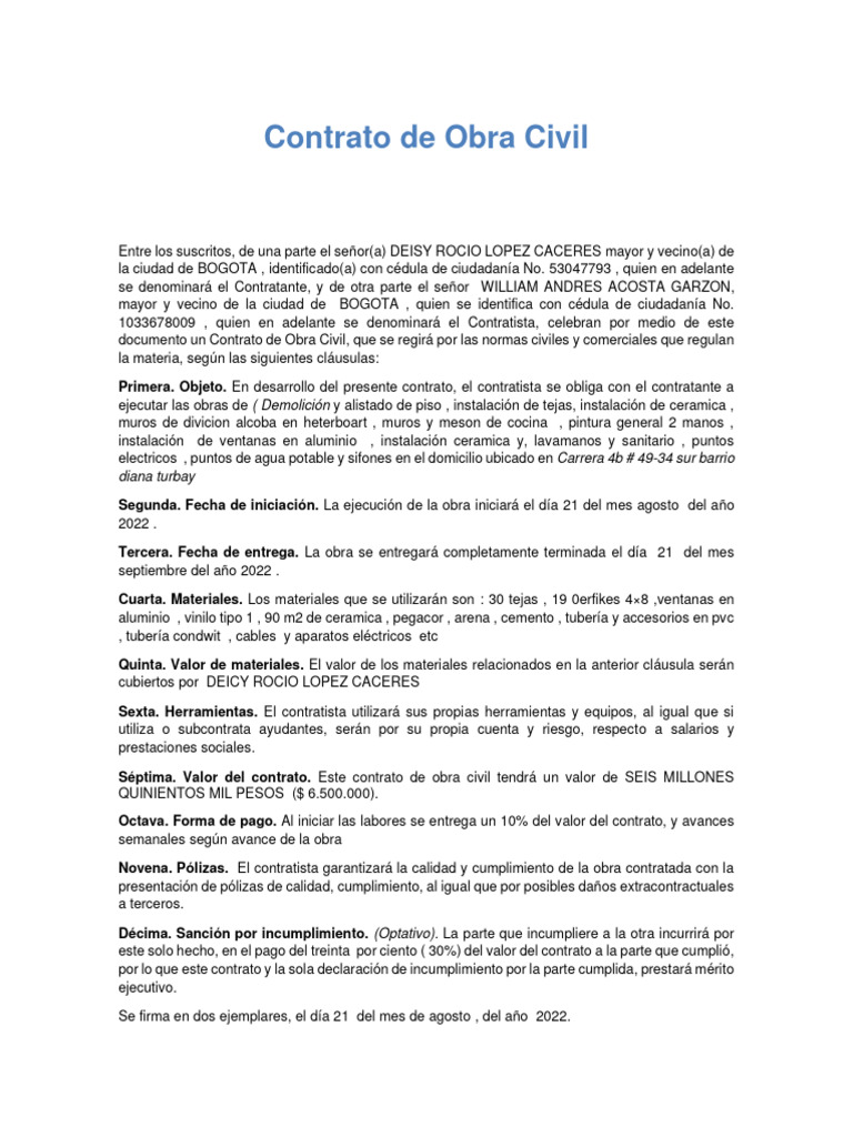 contrato de obra civil deisy lopez | PDF