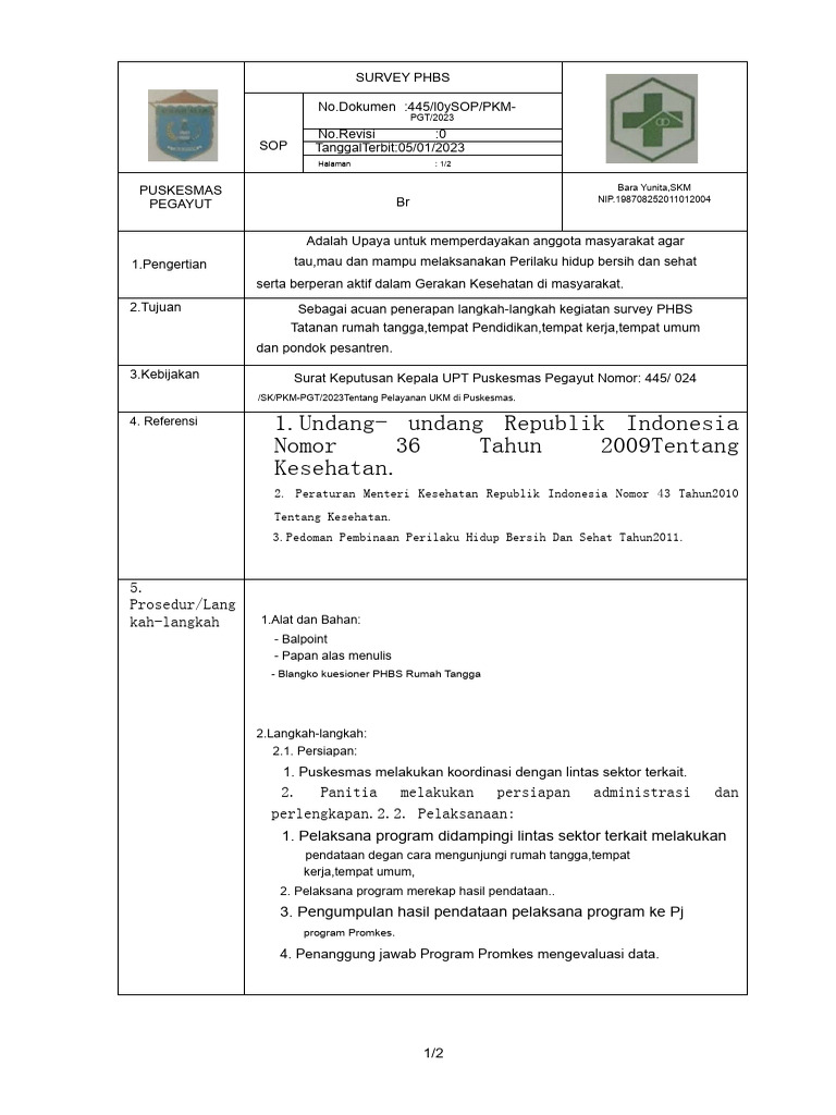 Prosedur Survey PHBS Puskesmas 2023 | PDF