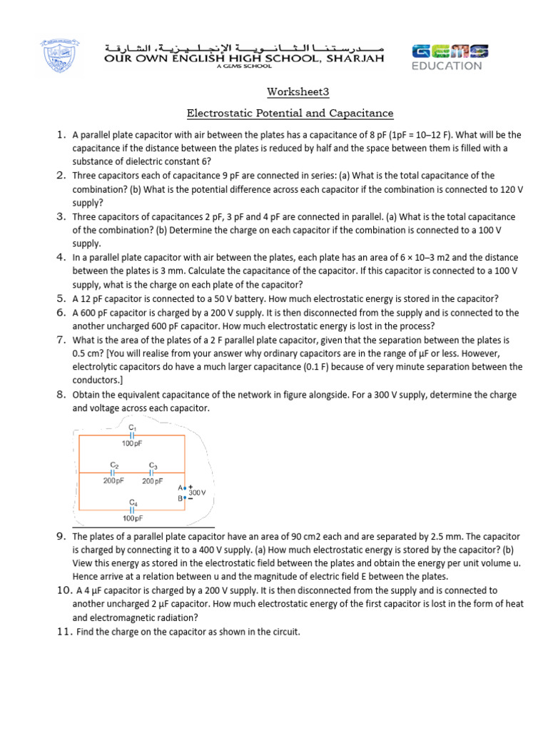 Worksheet 3 | PDF | Capacitor | Capacitance